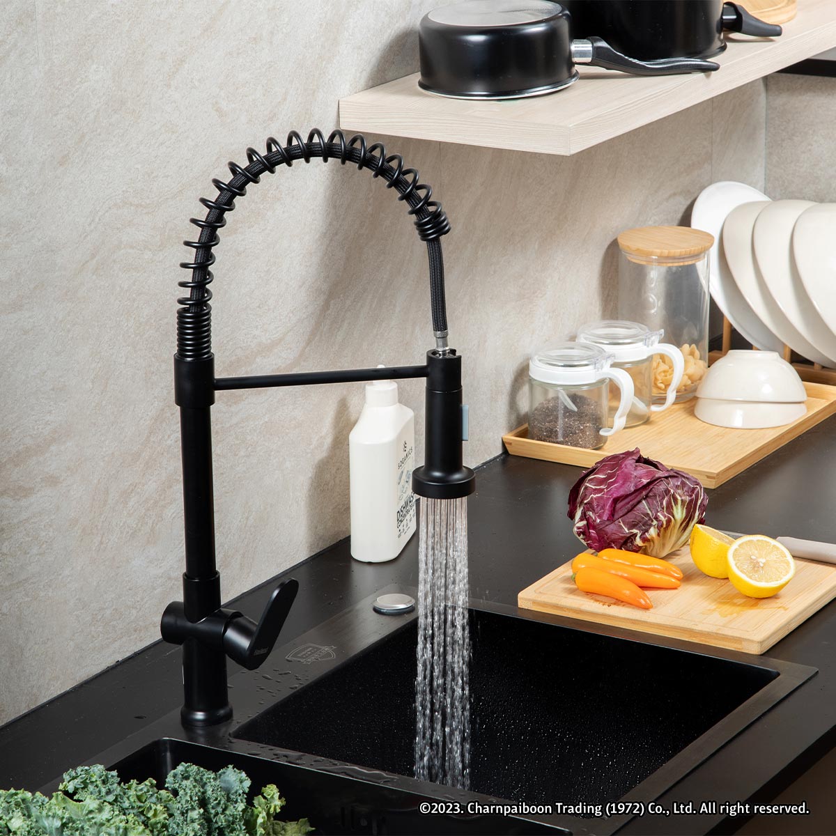 ก็อกซิงค์ล้างจานน้ำเย็น คอสปริง MATT BLACK - CharnPaiboon